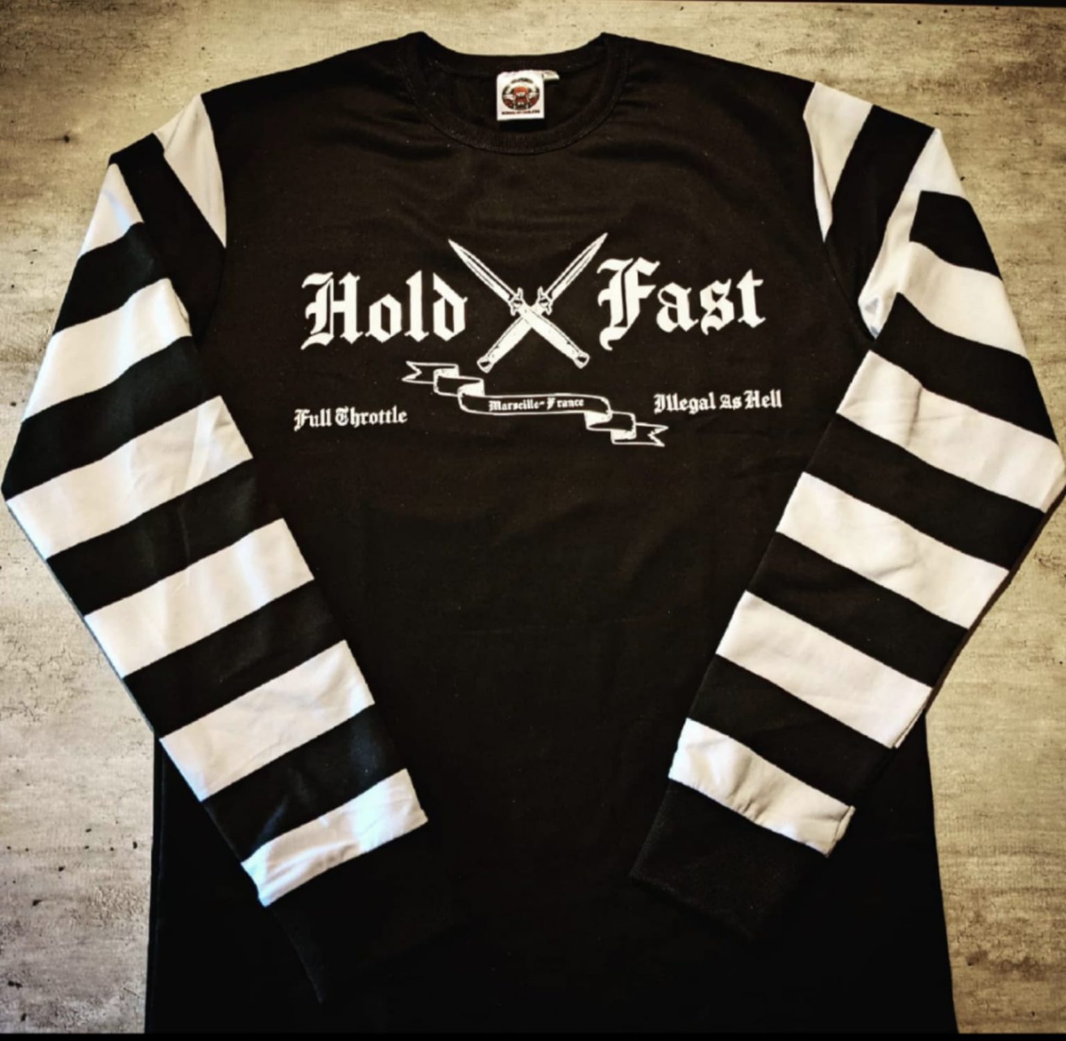 Black and white vintage striped sleeves motorcycle vintage sweater ...